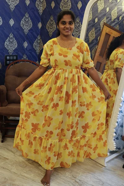 Georgette Full Length Frocks Yellow - homeslove.in